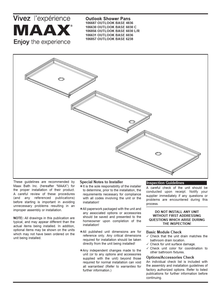 MAAX Shower Base Installation Guide | PDF | Shower | Pipe (Fluid ...