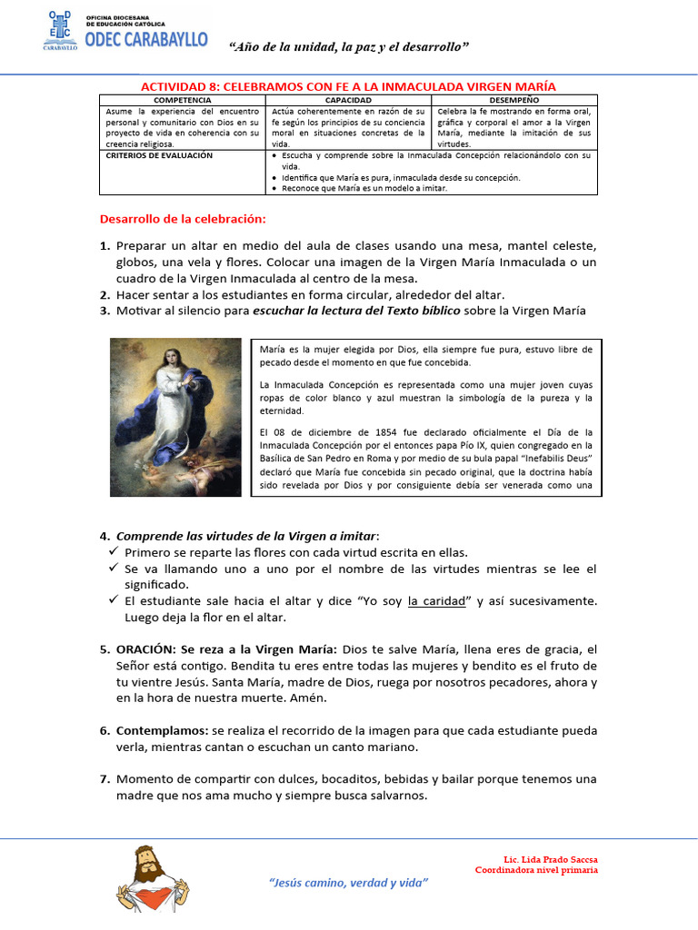 8 Celebramos Con Fe A La Inmaculada Virgen Maria Cuarto Grado Primaria ...
