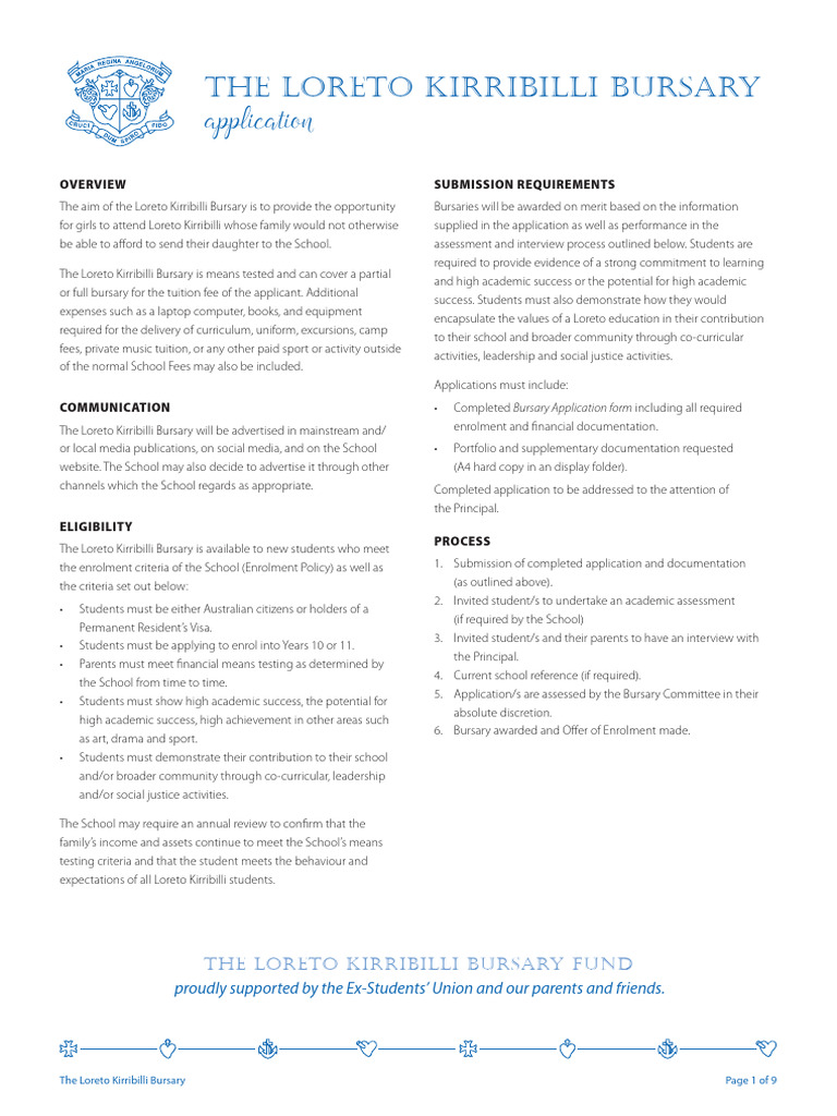 Loreto Kirribilli Bursary Application Form | PDF | Accountant | Loans
