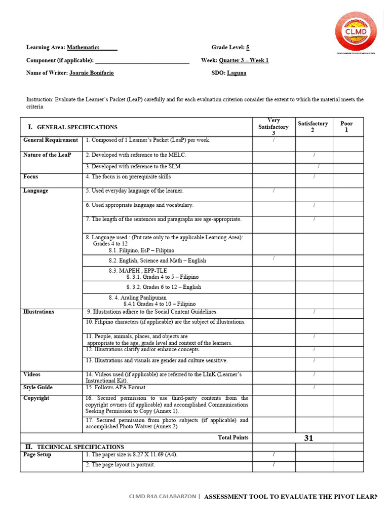 Grade 5-ASSESSMENT TOOL TO EVALUATE PIVOT LEAP | PDF | Learning ...