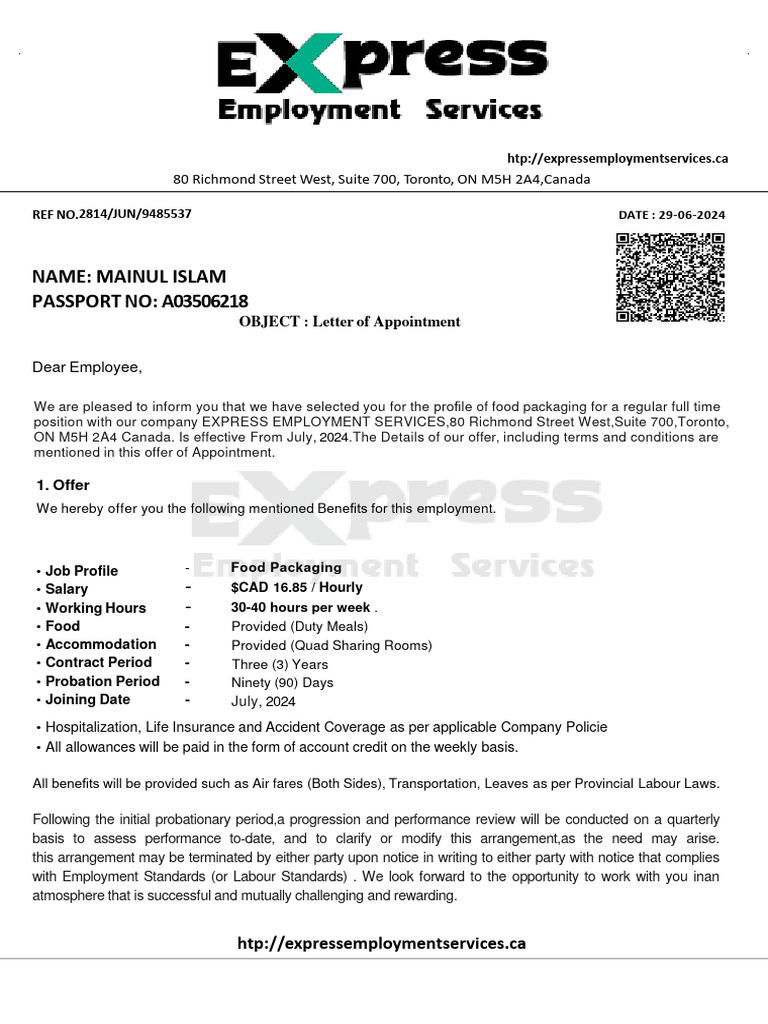Mainul Islam Letter of Appointment | PDF | Employment | Legal Remedy