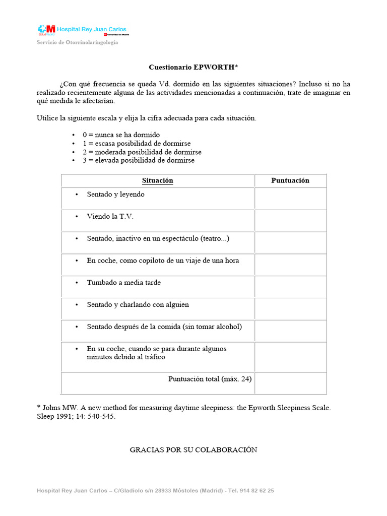 Cuestionario de Somnolencia de Epworth | PDF | Trastornos episódicos y ...