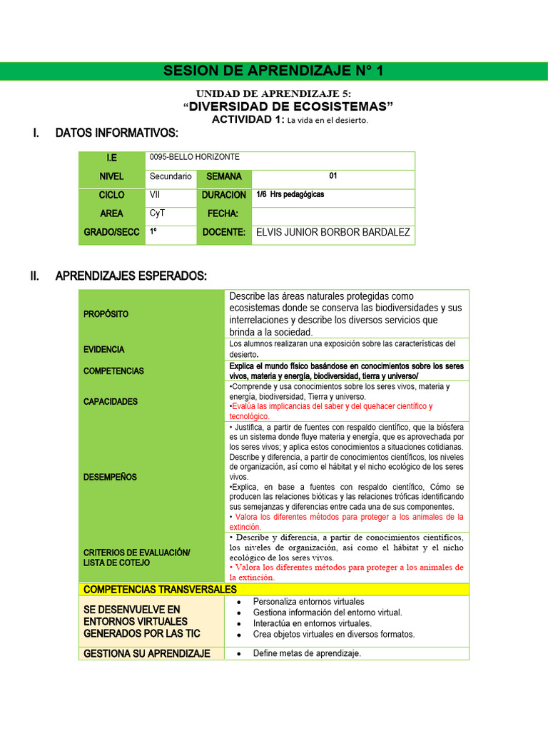 SESION DE APRENDIZAJE N1 3er Bimestre | PDF | Aprendizaje | Biodiversidad