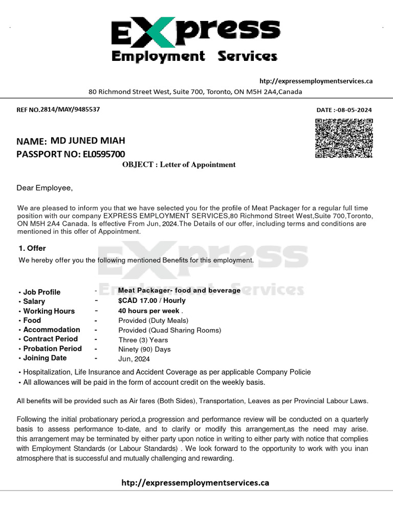 MD Juned Miah Letter of Appointment | PDF | Employment | Legal Remedy