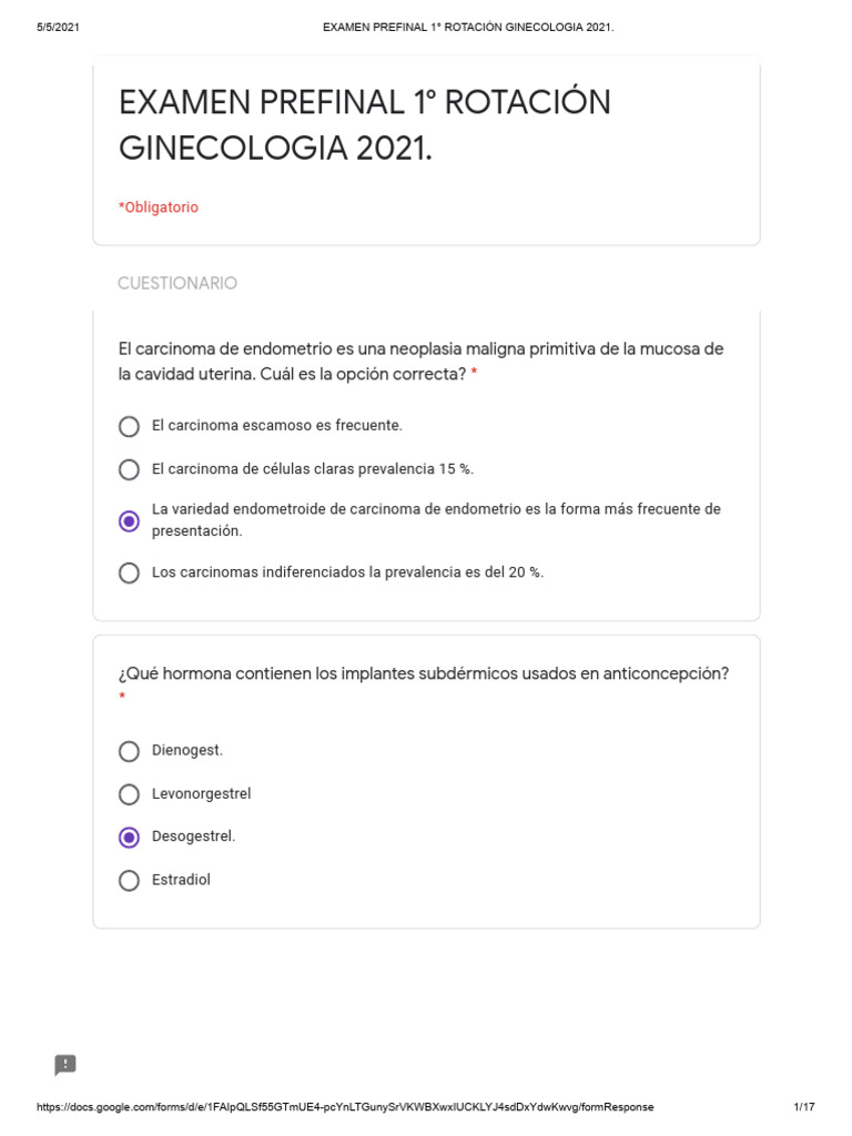 Examen Prefinal 1° Rotación Ginecologia 2021 | PDF | Cáncer de ovarios | Ovario