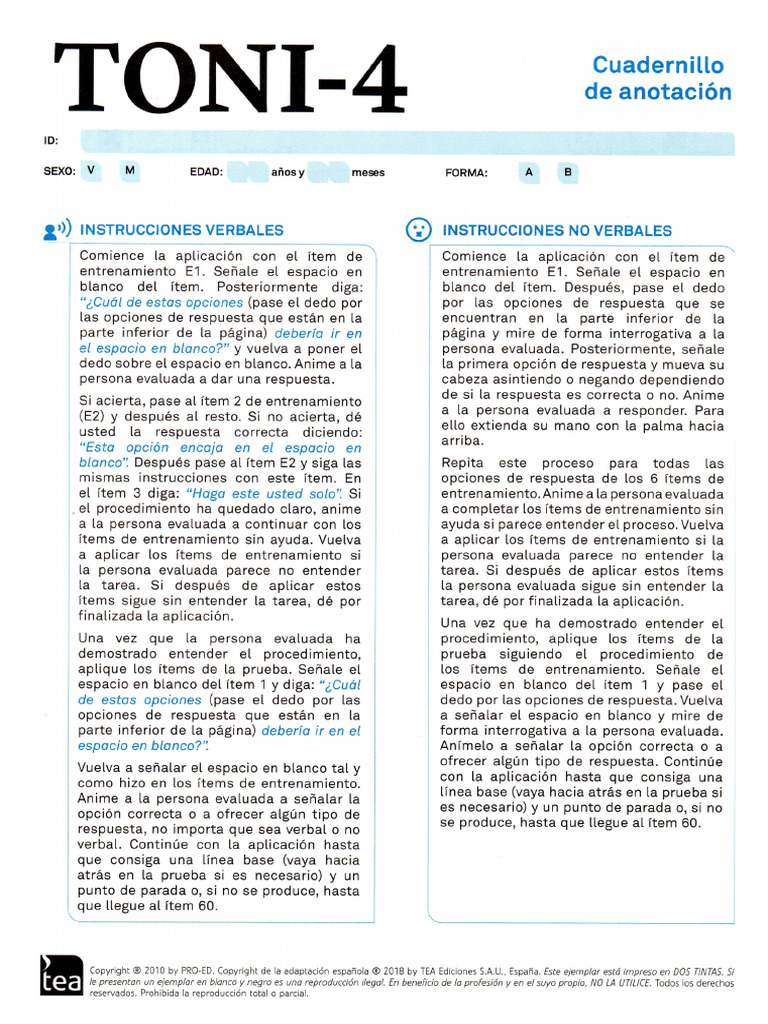 TONI-4 Cuadernillo de Anotación (Forma A y B) | PDF