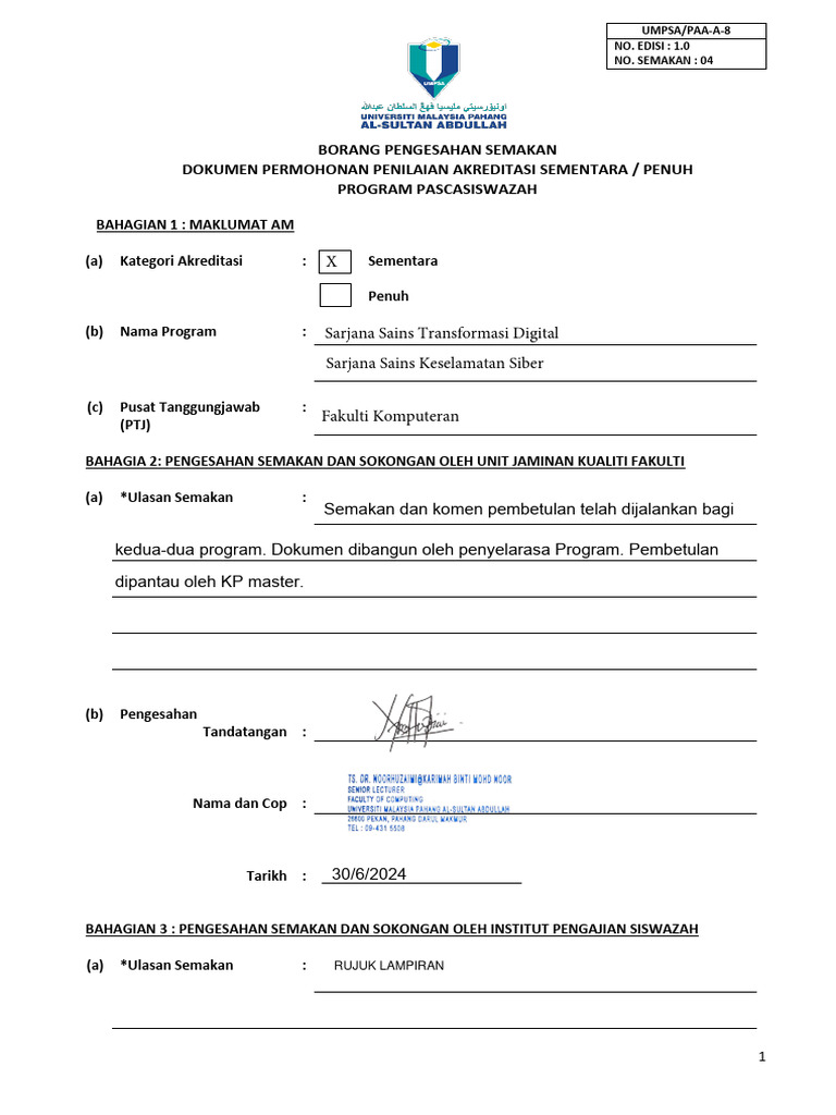 A-8 PAA - Borang Pengesahan Semakan Dokumen IPS | PDF