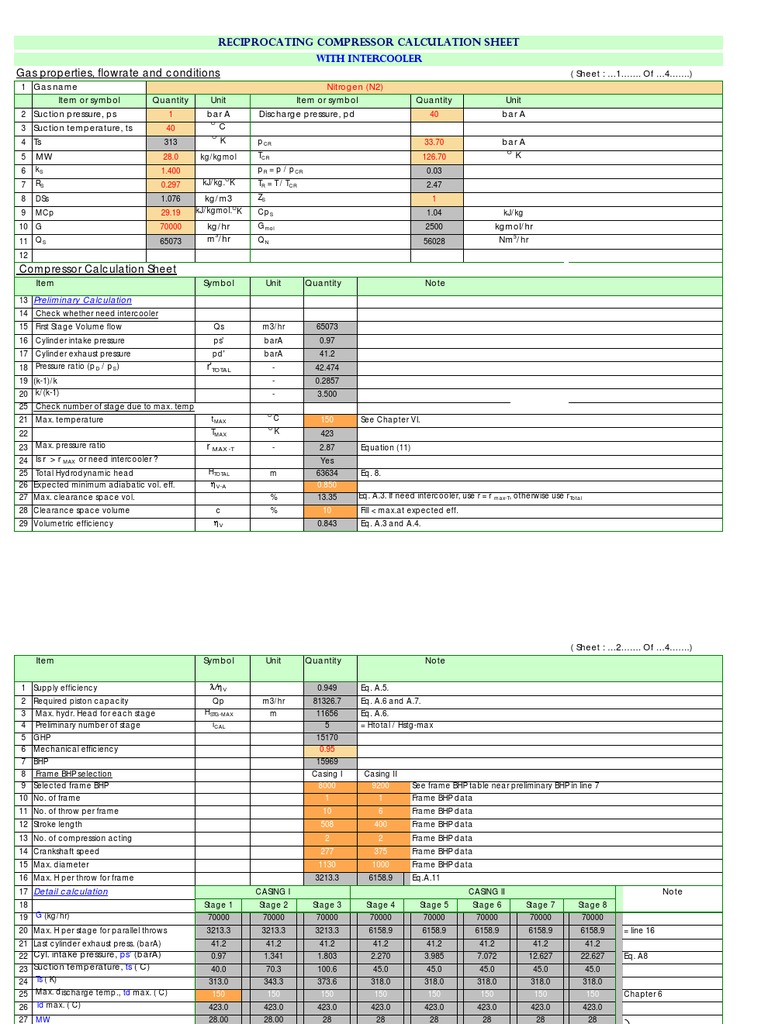 Reciprocating Compressor Calculation Sheet: Gas Properties, Flowrate ...