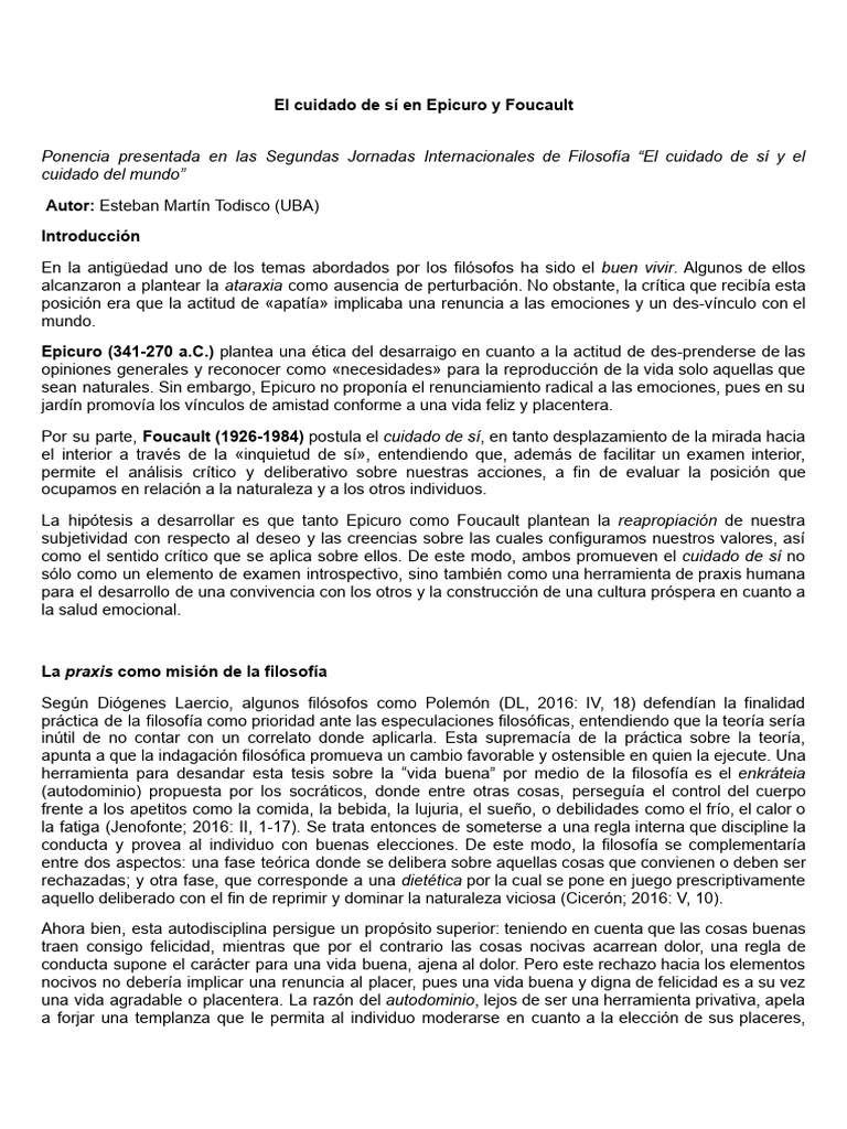 El Cuidado de Sí en Epicuro y Foucault | PDF | Michel Foucault | Verdad