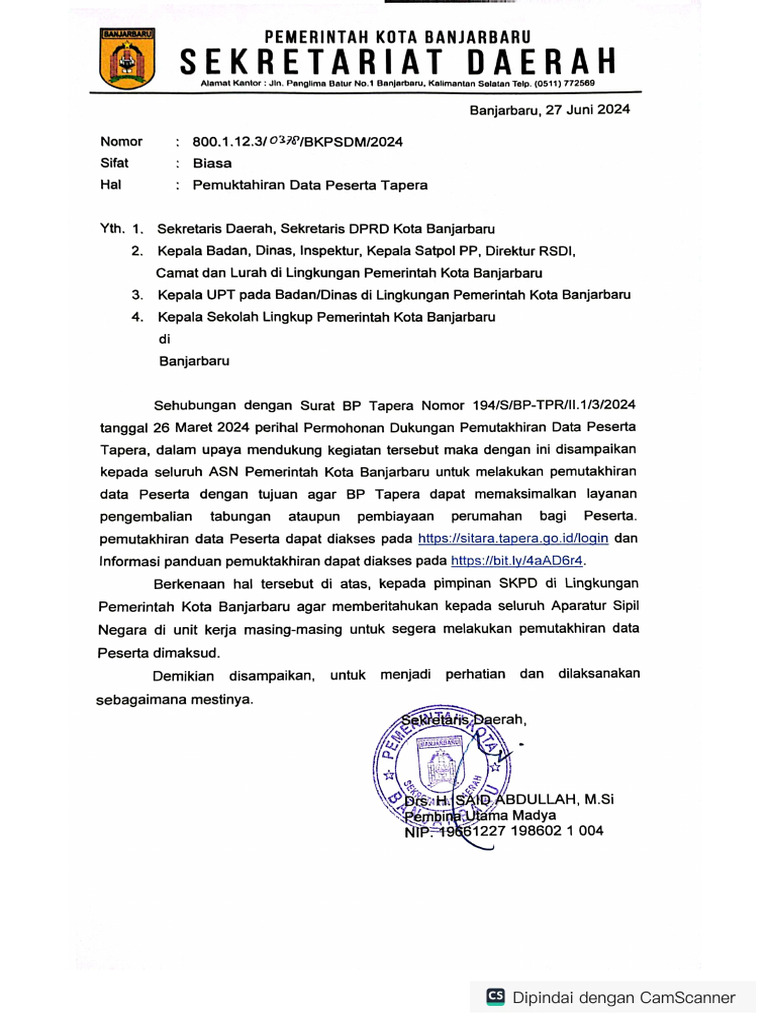 Surat Pemuktahiran Data Peserta Tapera 2024 | PDF