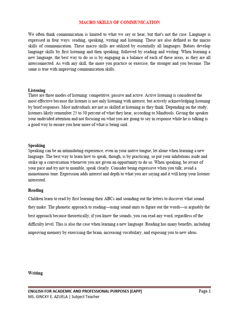 Macro Skills And Reading Purposes Pdf Reading Comprehension Communication