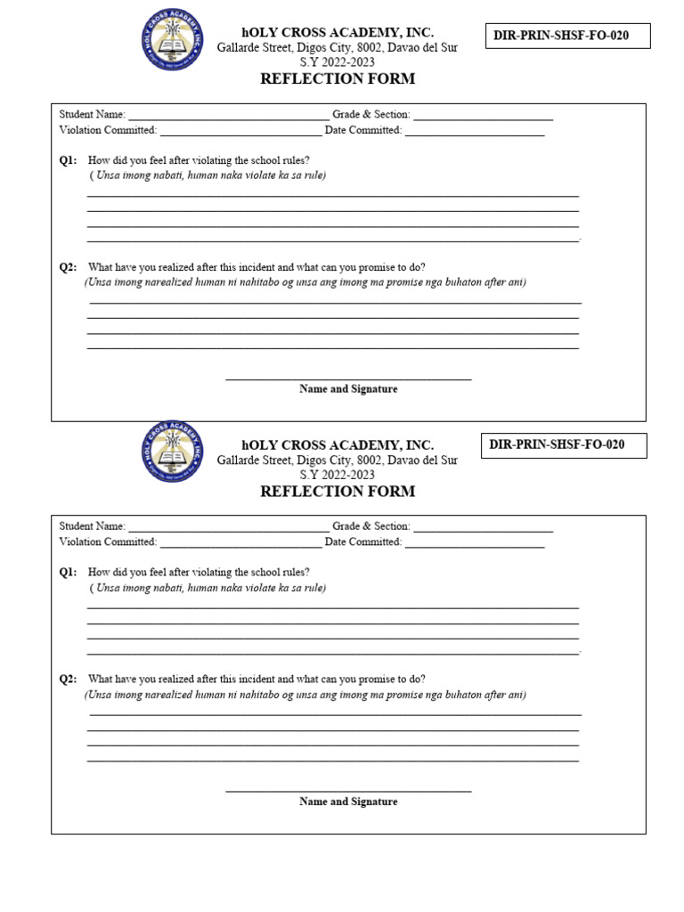 Student Reflection Form Template | PDF | Career & Growth