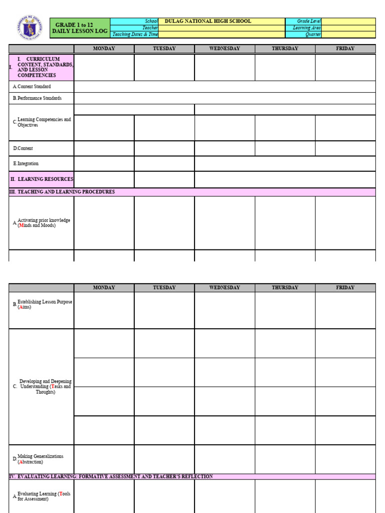 MATATAG-Daily Lesson Log-Template (XLSX Version) | PDF | Teachers ...