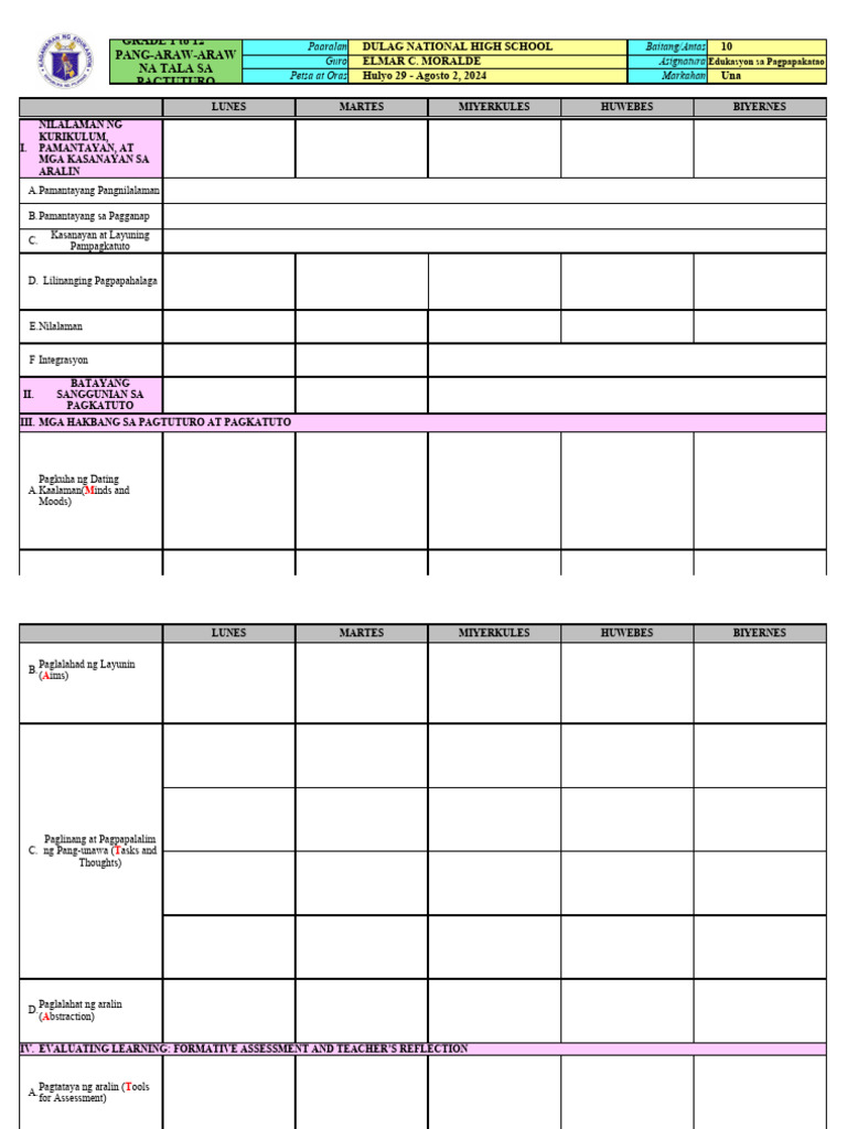 MATATAG-Daily Lesson Log-Template (Filipino Version) | PDF
