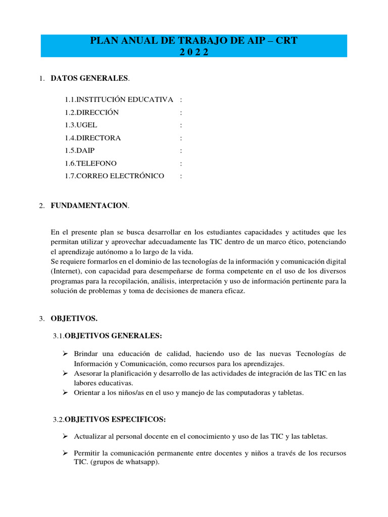 Plan de Trabajo Anual Del Aip | PDF | Tecnología de información y comunicaciones | Enseñando