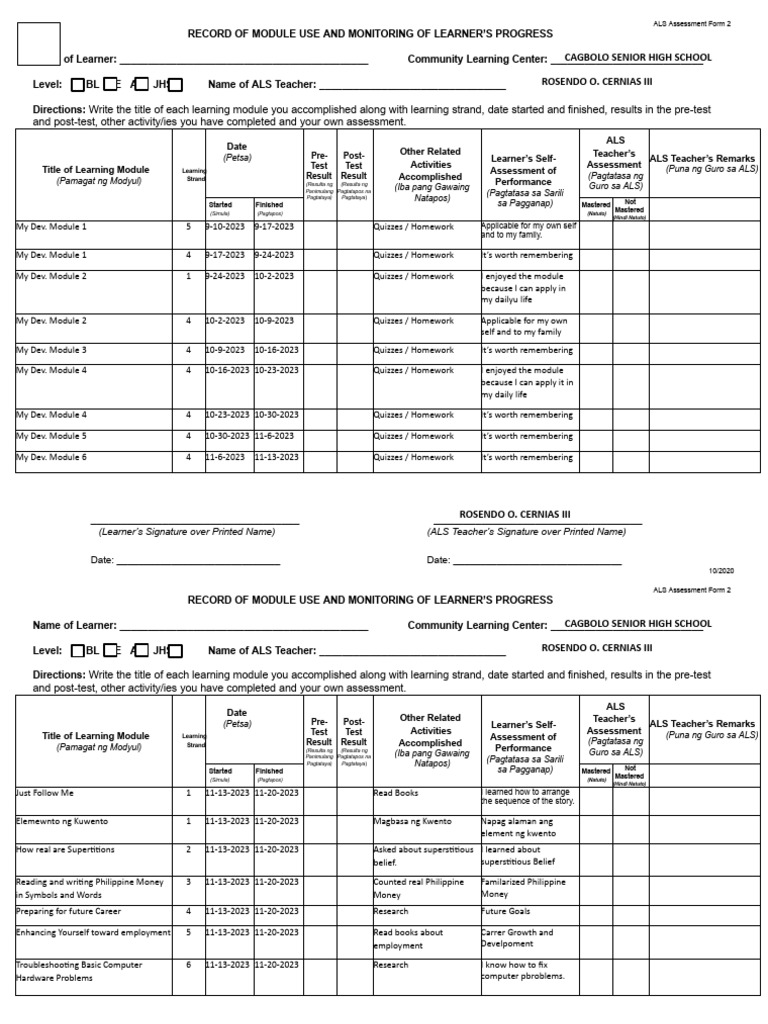 ALS-Assessment-Form-2 Update | PDF | Learning