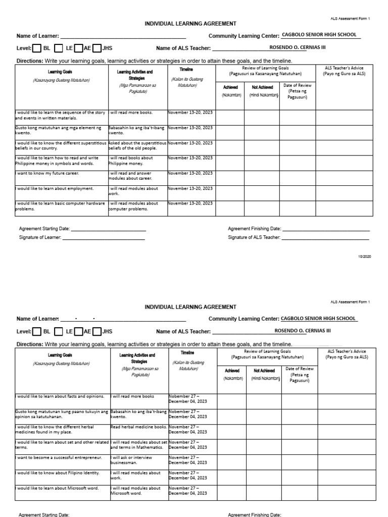 ALS Assessment Form 1 | PDF | Learning | Behavior Modification