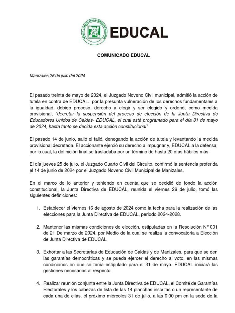 Comunicado Educal Nueva Fecha Elecciones | PDF | Elecciones | Eventos ...