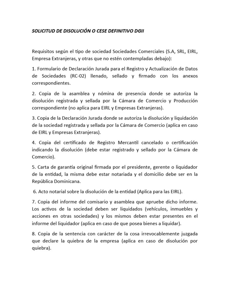 Solicitud de Disolución o Cese Definitivo Dgii | PDF | Finanzas y dinero