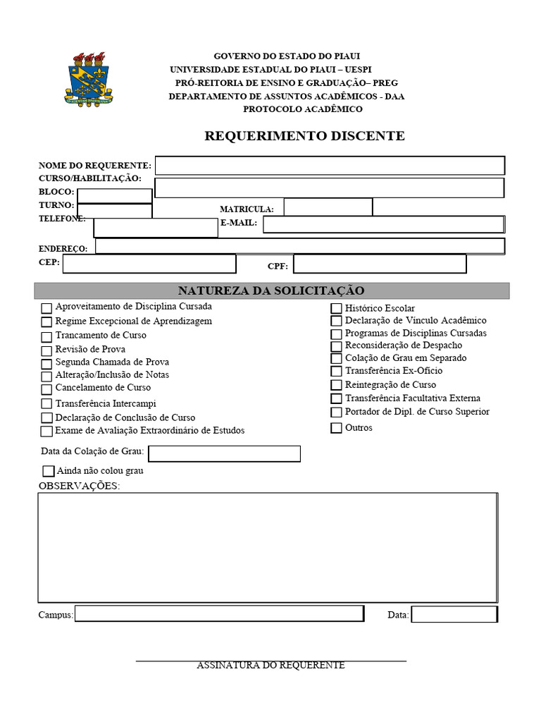 Requerimento-Alunos para Protocolo On-Line | PDF | Estágios educacionais