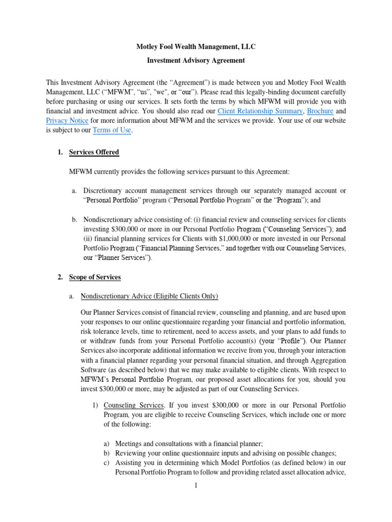 Motley Fool Wealth Management, LLC Investment Advisory Agreement | PDF ...