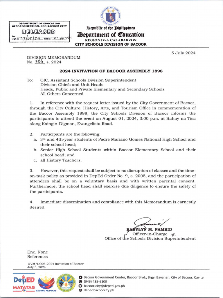 DM No. 336, S. 2024-2024 Invitation of Bacoor Assembly 1898 | PDF