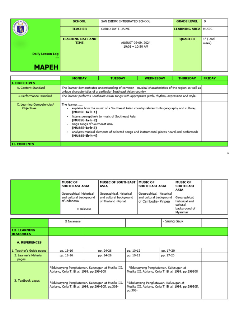 MAPEH Grade 9 Music Lesson Plan | PDF | Southeast Asia | Learning