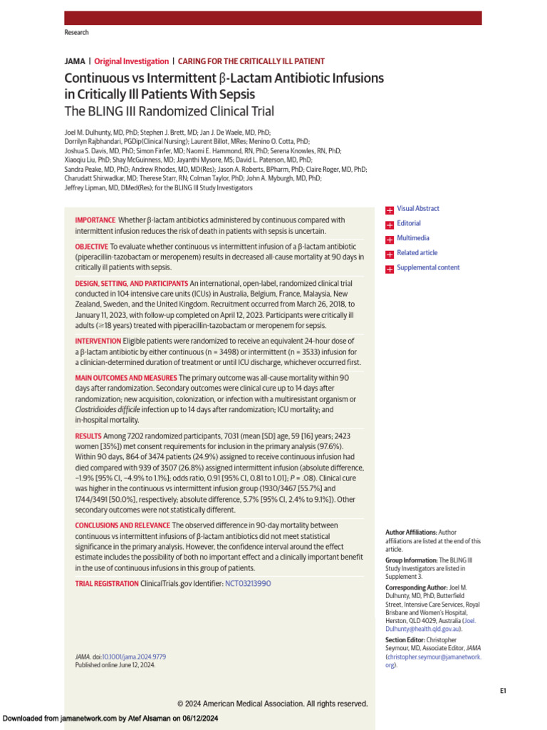 Continuous vs Intermittent β Lactam Antibiotic Infusions in Critically ...