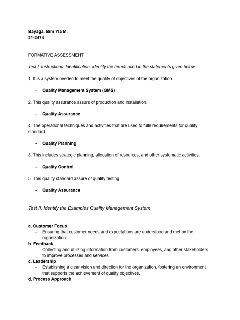 Formative Assessment - Bayaga, Bim Yla M. | PDF | Quality Management ...