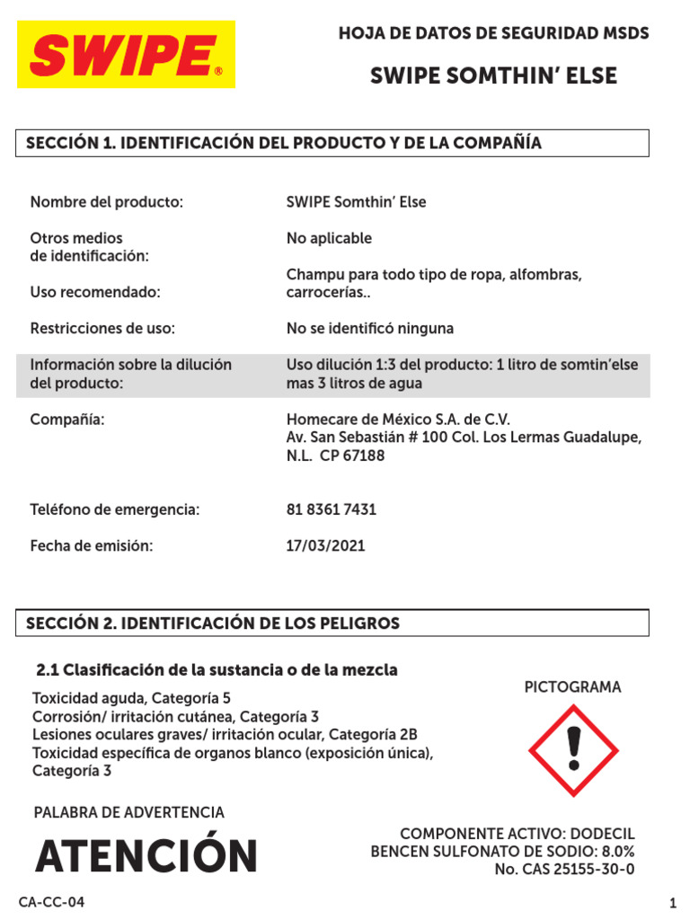 Dodecilbenceno: Seguridad y Uso del Producto | PDF | Residuos | Combustión
