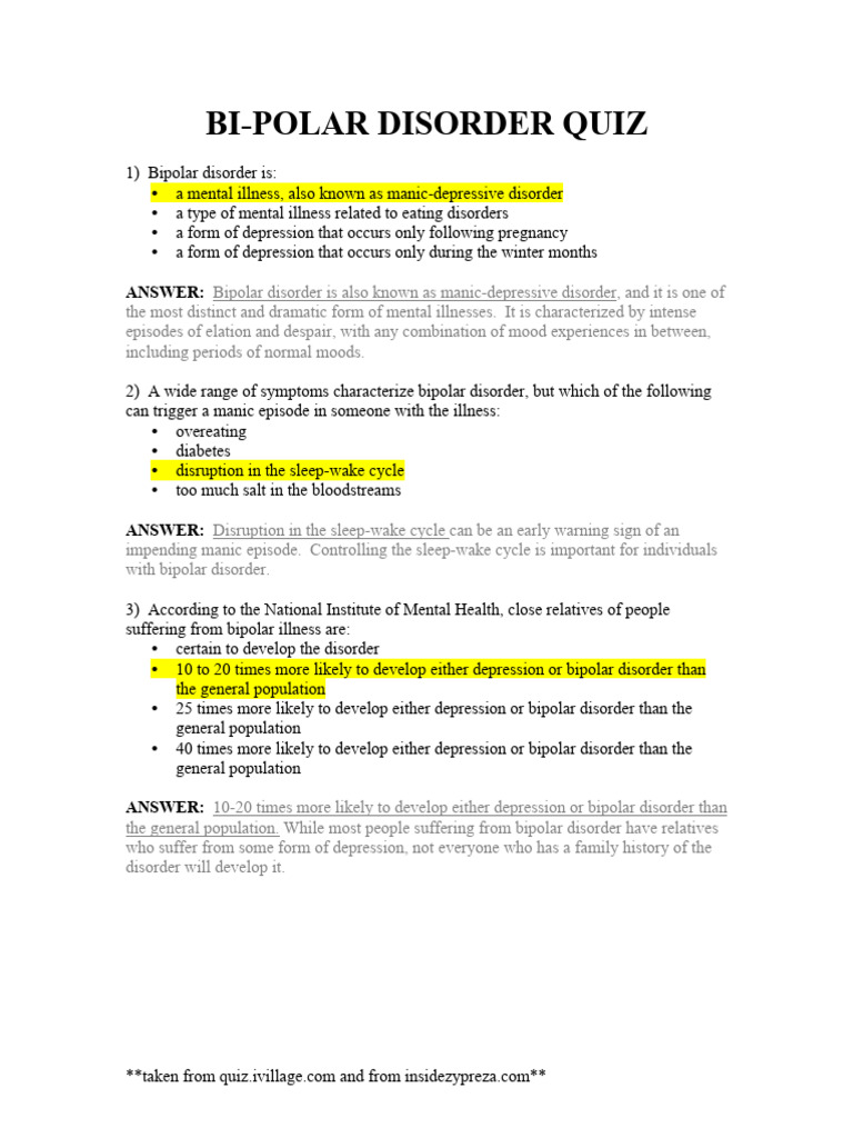 Bipolar Disorder Is Quiz Answers | PDF | Bipolar Disorder | Mental Disorder
