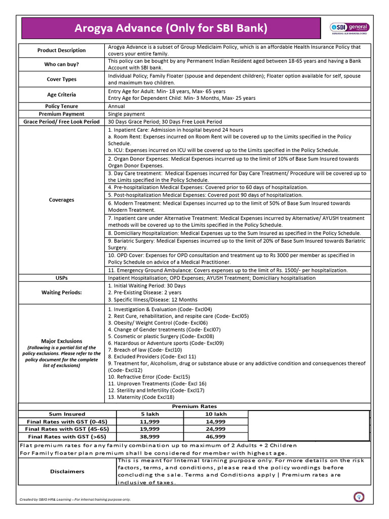 Arogya Advance - Quick Reference - 11062024-SBI Bank | PDF | Hospital | Insurance