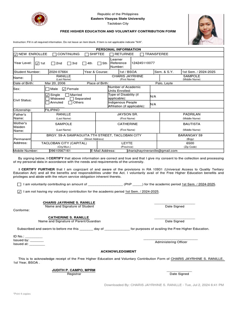 Free Education Form For 2024-07664 SEM 1 SY 2024-2025 | PDF