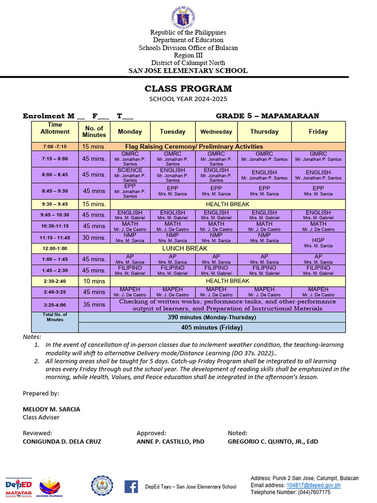 CLASS-TEACHERS-PROGRAM - 2024-2025 - GRADE5 (Final) | PDF | Educational ...