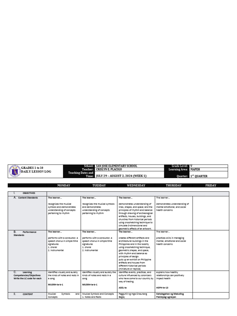 DLL - Mapeh 5 - Q1 - W1 | PDF