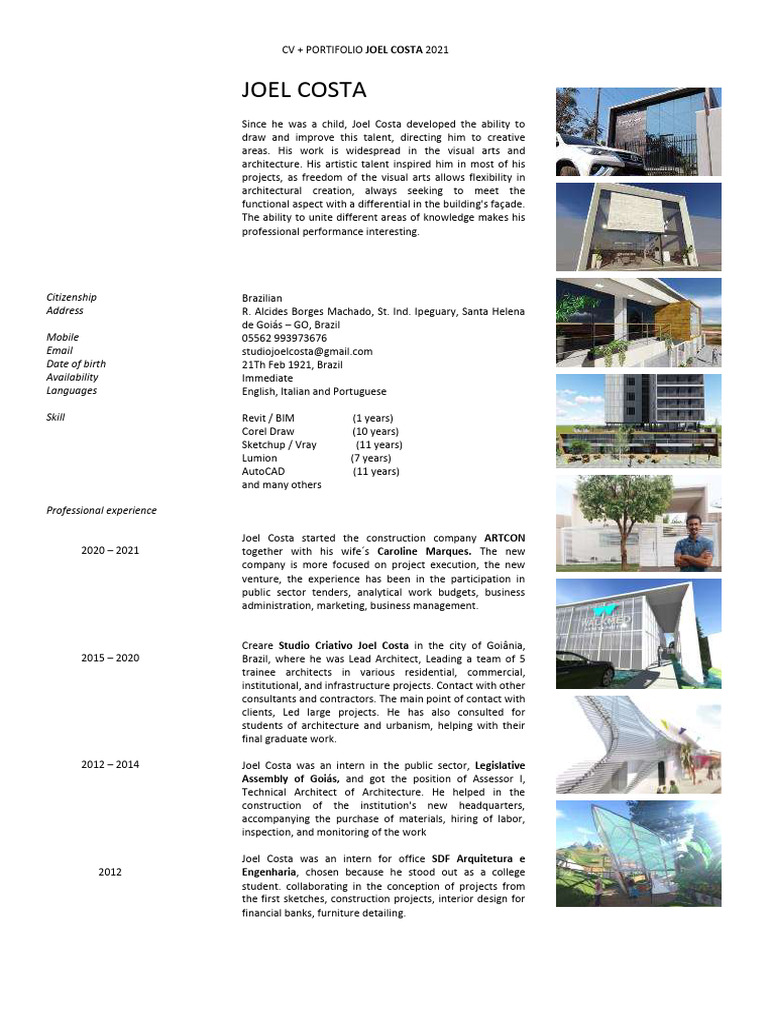 CV + Portfolio Joel Costa - Inglês-1 | PDF | Architect