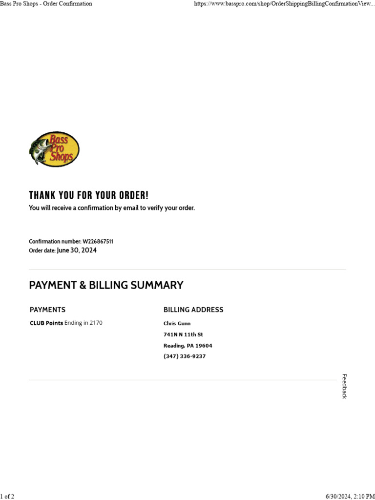 Bass Pro Shops - Order Confirmation | PDF | Payments
