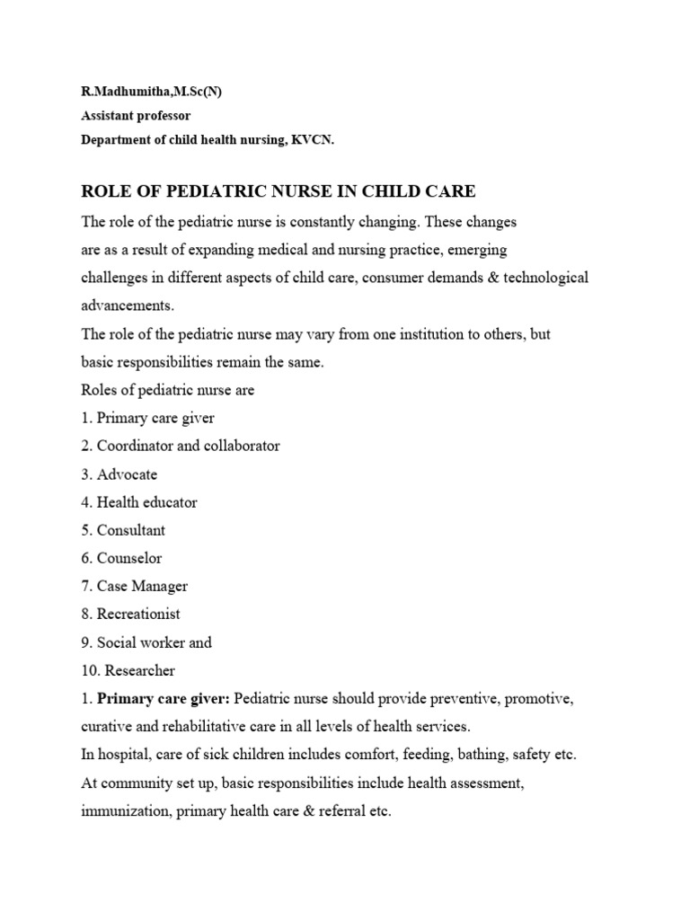 Pediatric Nurse Roles in Child Care | PDF | Nursing | Health Care