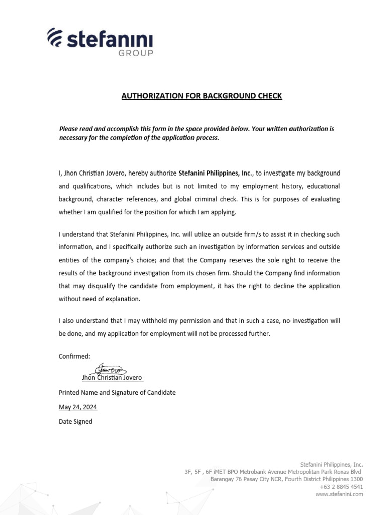 Authorization Letter For Background Check | PDF