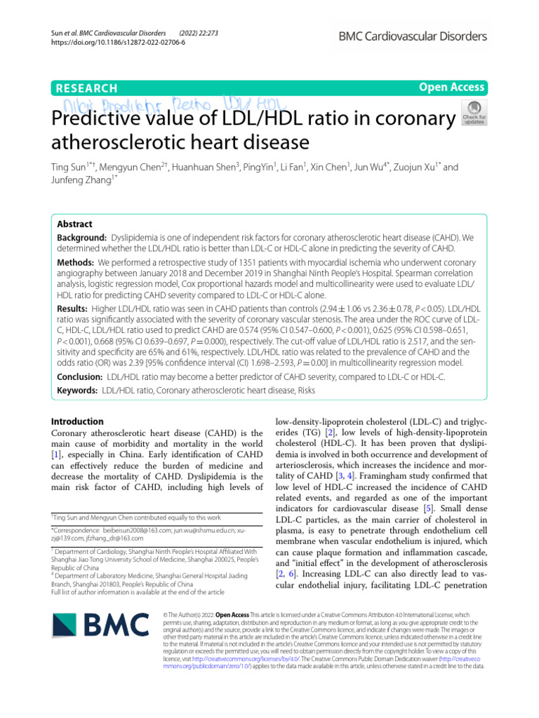 Predictive Value of LDL HDL Ratio in Coronary Atherosclerotic Heart ...