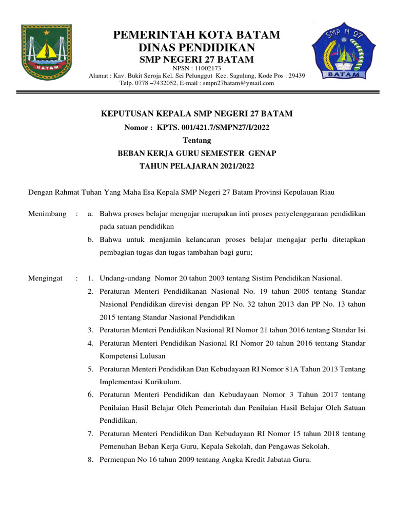 SK Pembagian Tugas Semester Genap T.P 2021-2022 | PDF