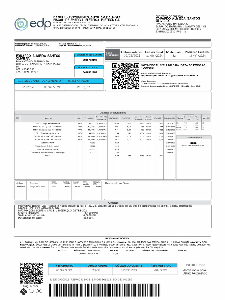 Nota Fiscal de Energia EDP ES - JUN/2024 | PDF | Business