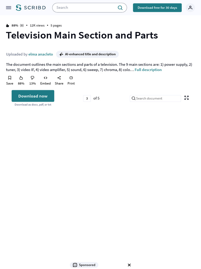 Television Main Section and Parts: Download Now | PDF | Scribd | Computing