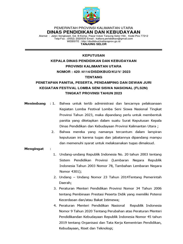 SK Penetapan Juri FLS2N 2023 | PDF