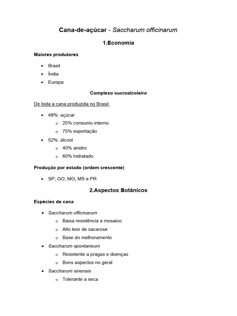 Produção e Cultivo de Cana-de-açúcar | PDF | Cana de açúcar | Sacarose