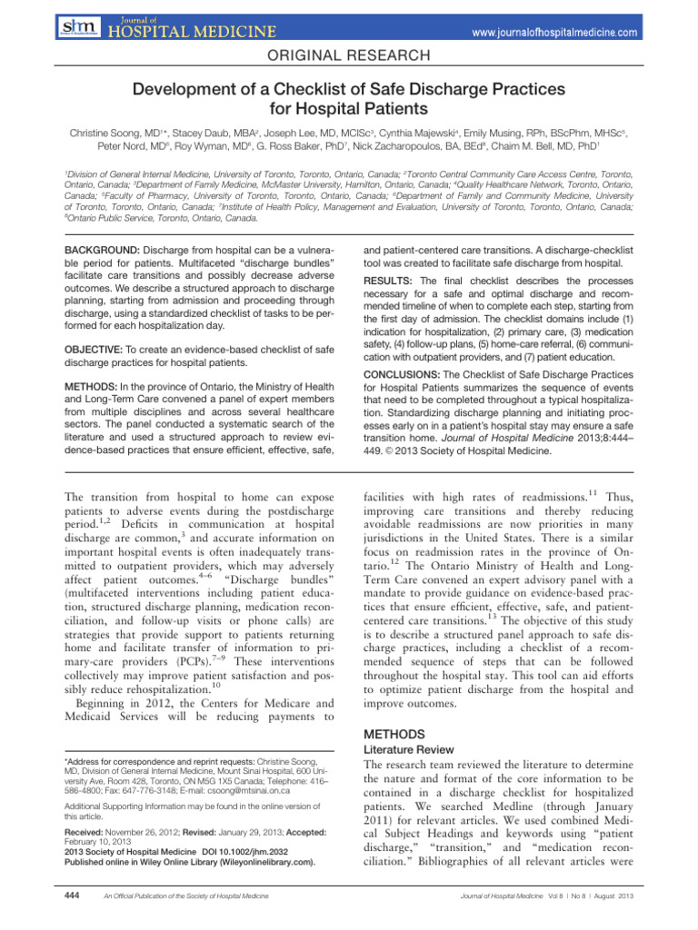 Development of A Checklist of Safe Discharge Practices For Hospital ...
