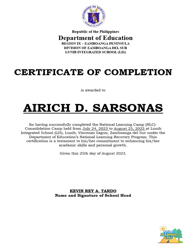 National Learning Camp Completion Certificate | PDF | Philippines ...