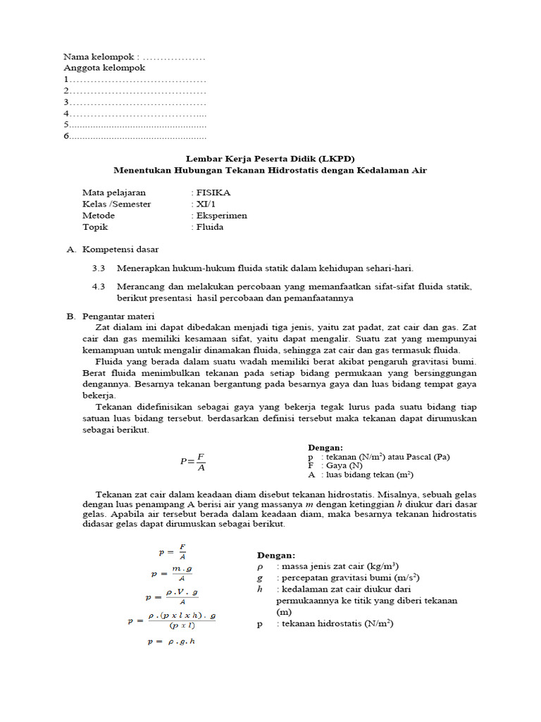 LKPD - TEKANAN - HIDROSTATIS New | PDF | Sains & Matematika
