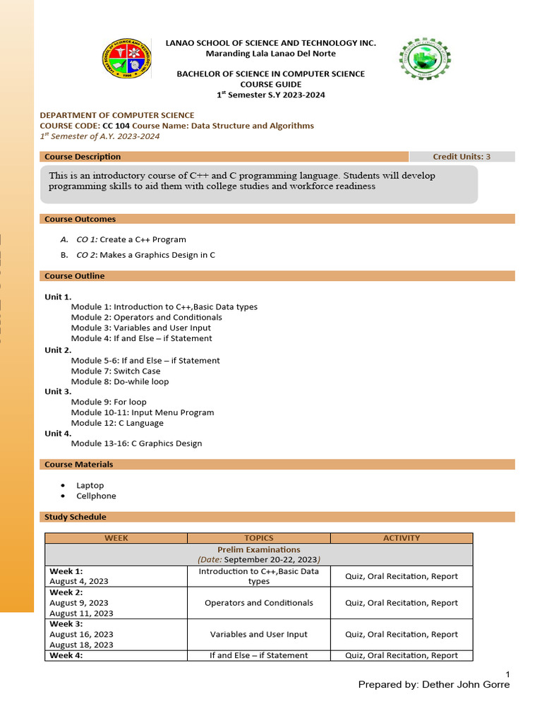 CC 104 - Data Structure and Algorithms | PDF | C++ | Computing CC 104 - Data Structure and Algorithms | PDF | C++ | Computing