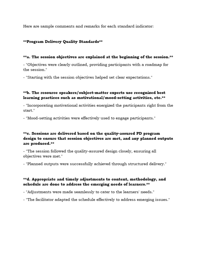 Sample Comments and Remarks For Each Standard Indicator | PDF ...